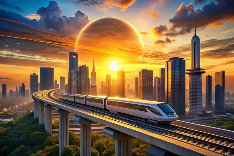 High-speed Train on Elevated Track during Sunrise Over Futuristic ...