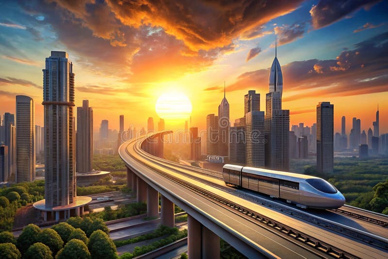 High-speed Train on Elevated Track at Sunset Overlooking Modern City ...