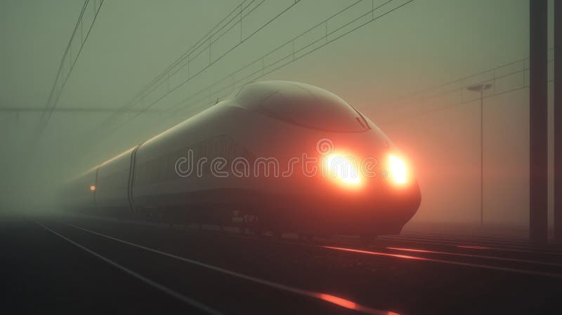 High-speed Train Emerging from Dense Fog at Night Stock Illustration ...