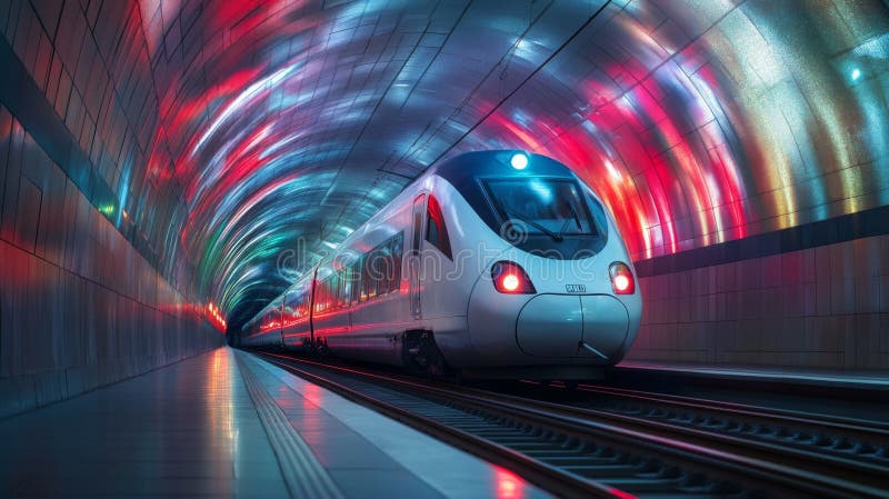 High-Speed Train Emerging from a Tunnel with Neon Lighting Stock ...