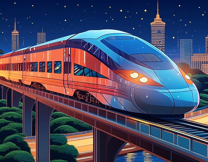 High-Speed Train Glides through Urban Twilight Stock Illustration ...