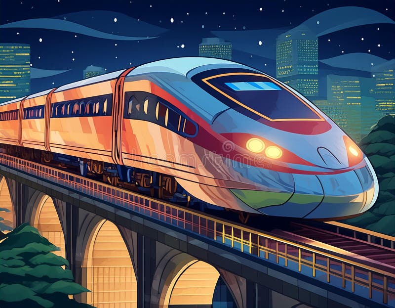 High-Speed Train Glides through Urban Twilight Stock Illustration ...