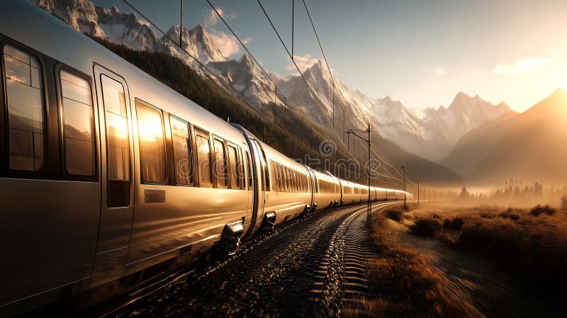 High-speed Train Gliding Past a Mountain Range at Sunrise. Stock Image ...