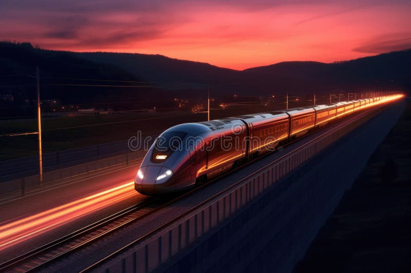 High-speed Train with Illuminated Headlights at Dusk Stock Photo ...