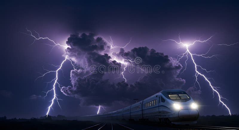 High-Speed Train Journey through a Dramatic Nightscape Under a Violent ...