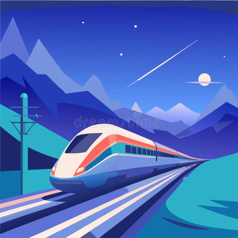High-Speed Train Journey through Majestic Mountains Under the Moonlit ...