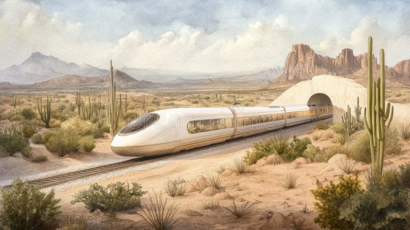 High-speed Train Journeying through Desert Canyon and Tunnel Stock ...