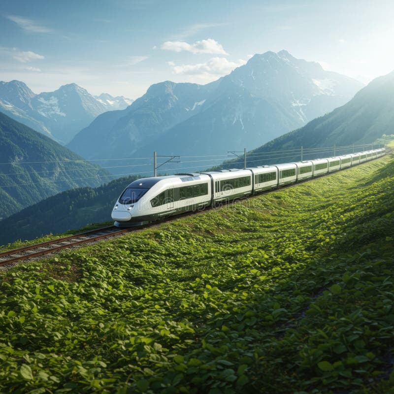 High Speed Train through Lush Green Alpine Mountains Stock Illustration ...