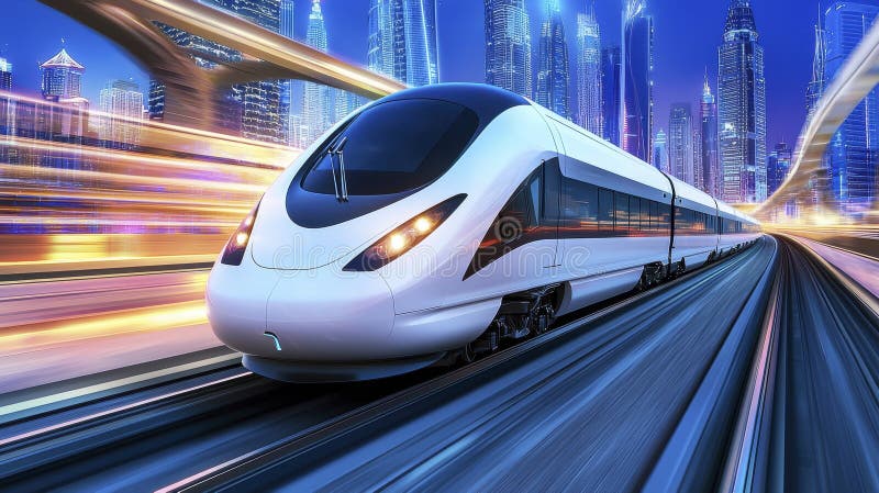 High Speed Train in Modern City at Night Stock Illustration - Illustration of transportation ...