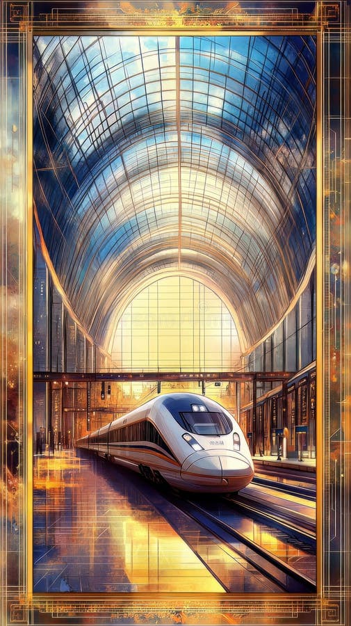 High-Speed Train in Modern Glass-Domed Station Stock Illustration ...