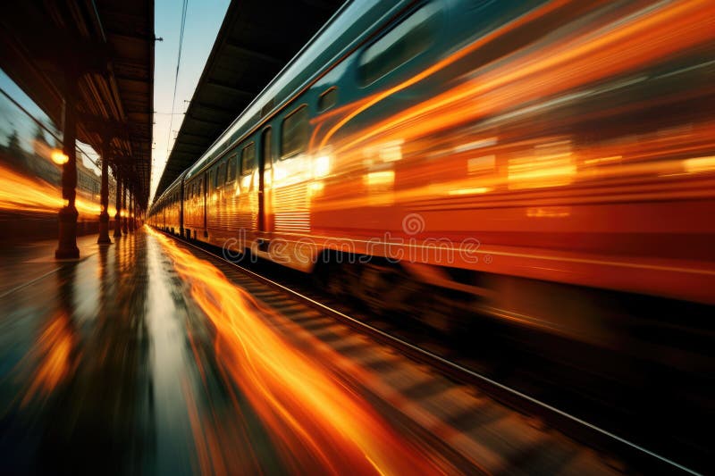 High Speed Train in Motion on Railway Station at Sunset. Generative AI ...