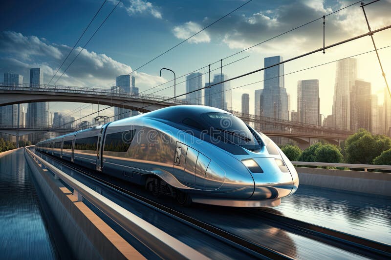 High-speed Train Moves through the City. 3D Rendering Stock ...