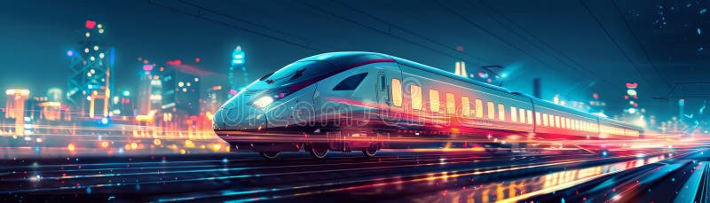 High-speed Train Moving through a City at Night Stock Illustration ...