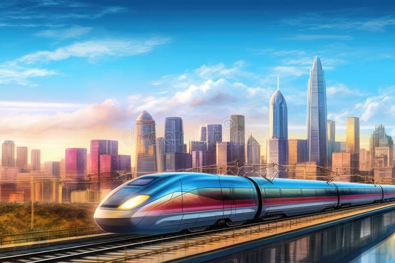 High-speed Train Moving into Curve with City Skyline Stock Illustration ...