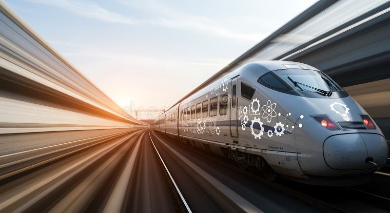 High Speed Train Moving Fast on Tracks with Motion Blur Stock ...