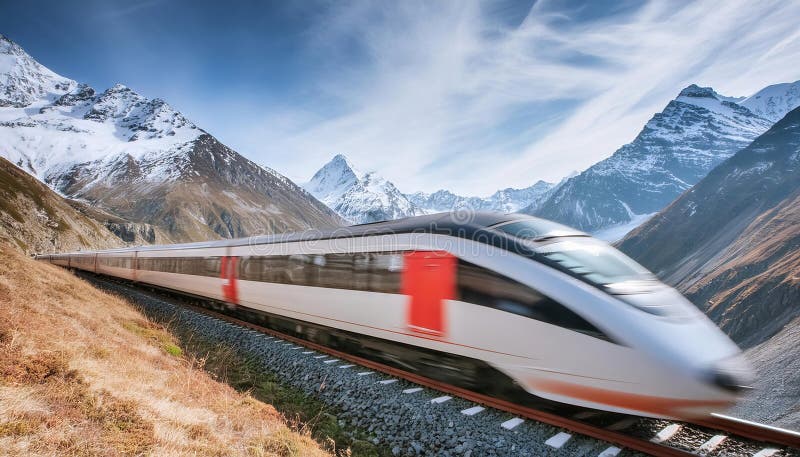 A High-speed Train Moving through a Mountain Pass, Snowy Peaks in the ...