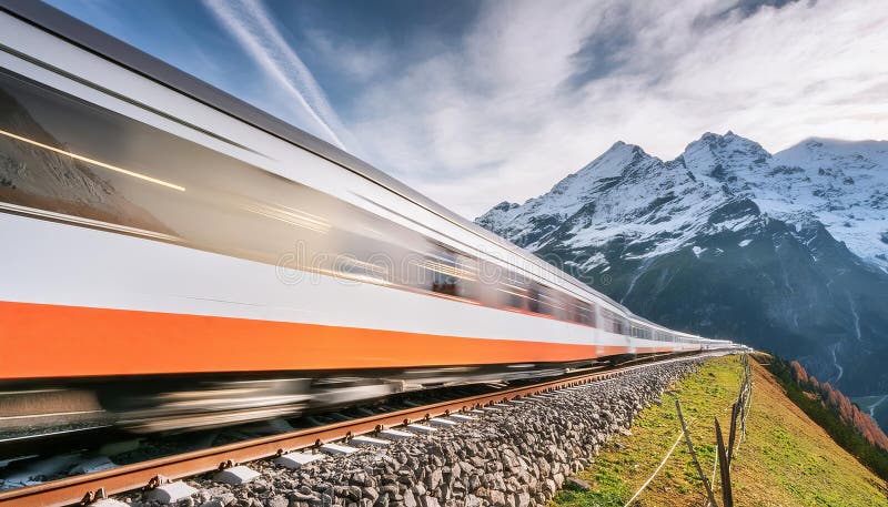 A High-speed Train Moving through a Mountain Pass, Snowy Peaks in the ...