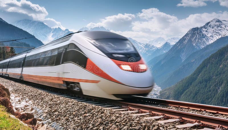 A High-speed Train Moving through a Mountain Pass, Snowy Peaks in the ...