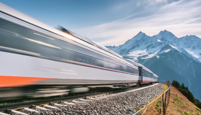 A High-speed Train Moving through a Mountain Pass, Snowy Peaks in the ...