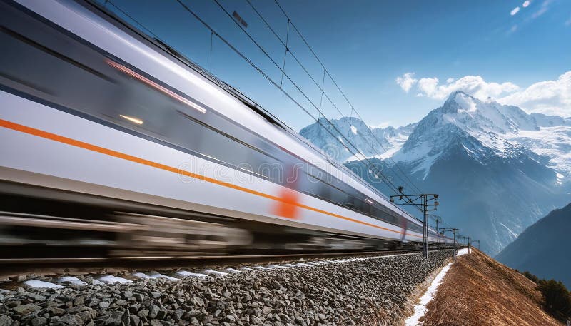 A High-speed Train Moving through a Mountain Pass, Snowy Peaks in the ...