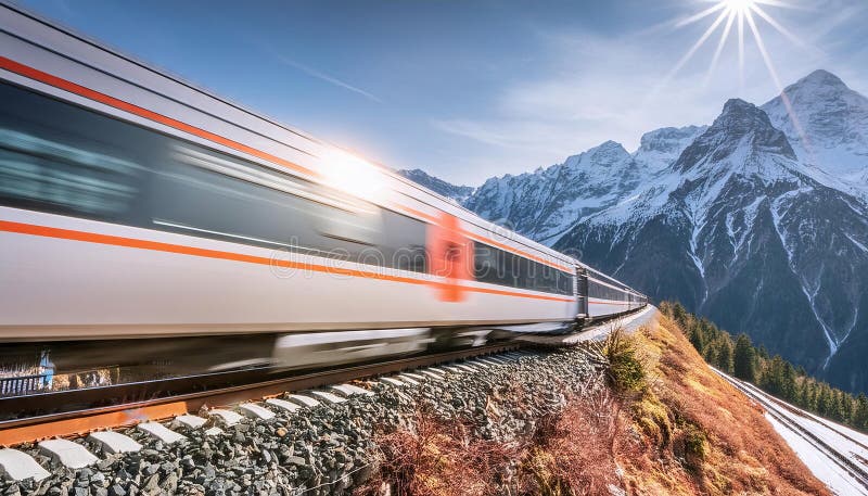 A High-speed Train Moving through a Mountain Pass, Snowy Peaks in the ...