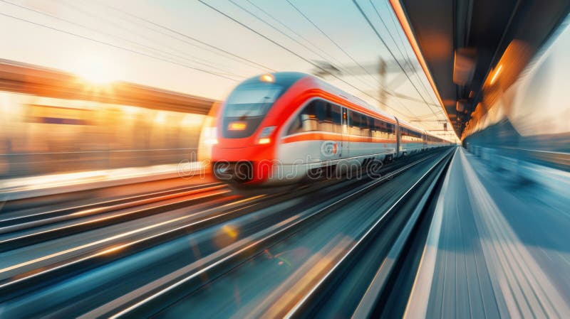 High-Speed Train Moving at Sunset. Generative Ai Stock Illustration ...