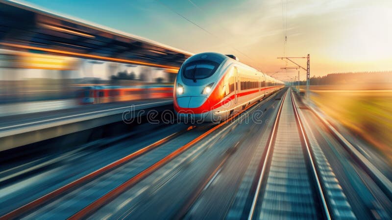 High-Speed Train Moving at Sunset. Generative Ai Stock Illustration ...