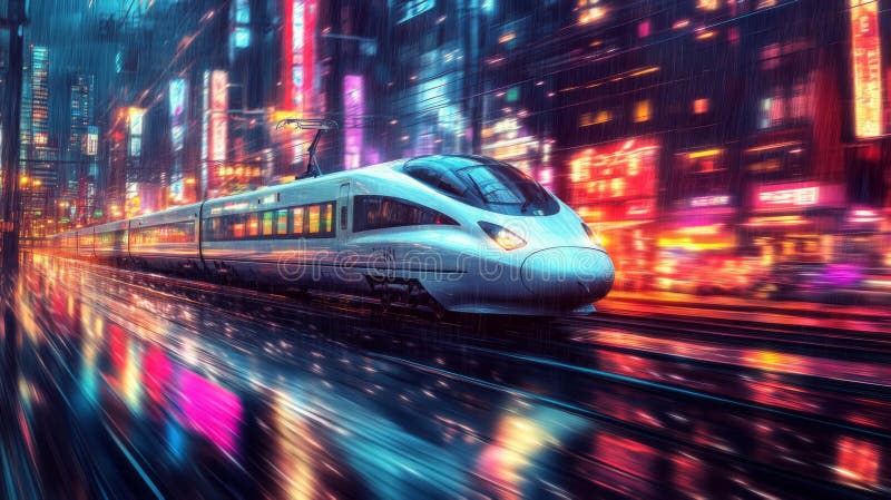 High Speed Train in Neon City at Night Stock Illustration ...