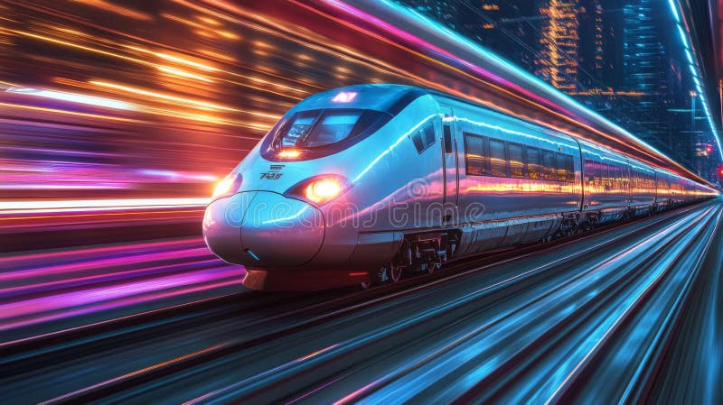 High Speed Train at Night through City Lights Stock Illustration ...