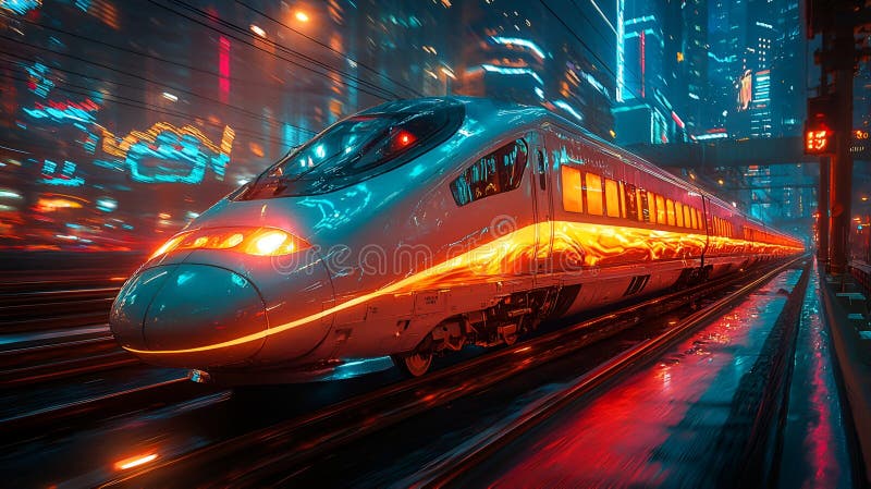 High-speed Train Night City Lights Travel Stock Illustration ...