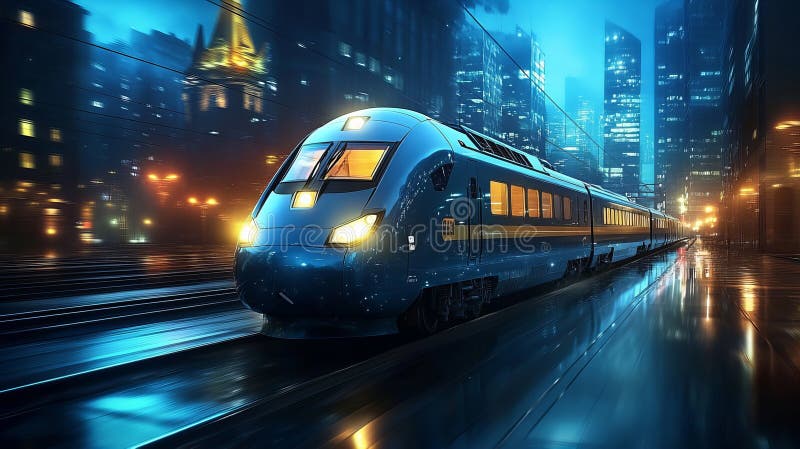High-speed Train in Night Cityscape with Illuminated Skyscrapers Stock ...
