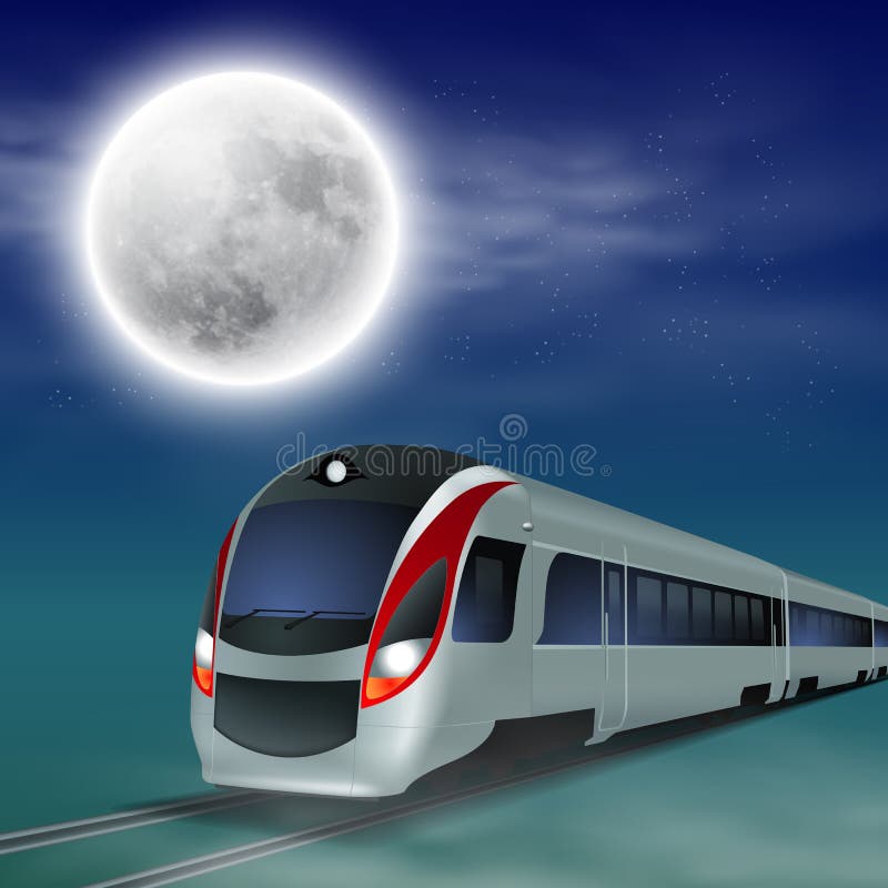 High-speed Train at Night with Full Moon. Stock Vector - Illustration ...