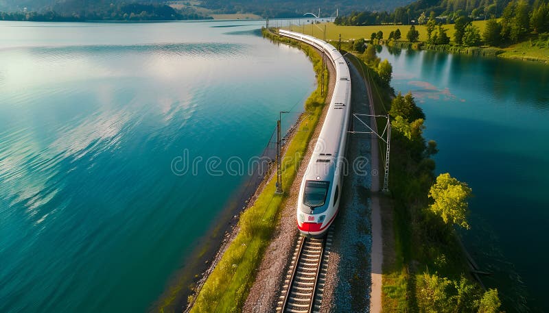 High Speed Train Passes by a Lake. Aerial High View Stock Illustration ...