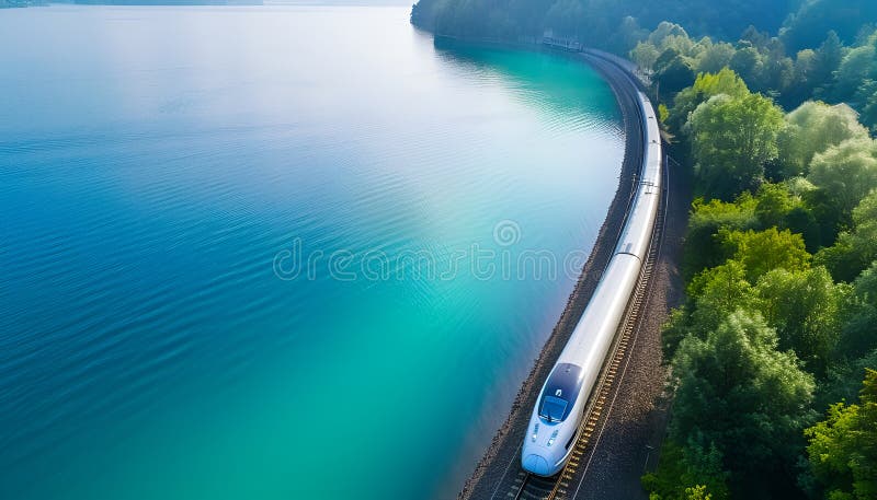High Speed Train Passes by a Lake. Aerial High View Stock Illustration ...