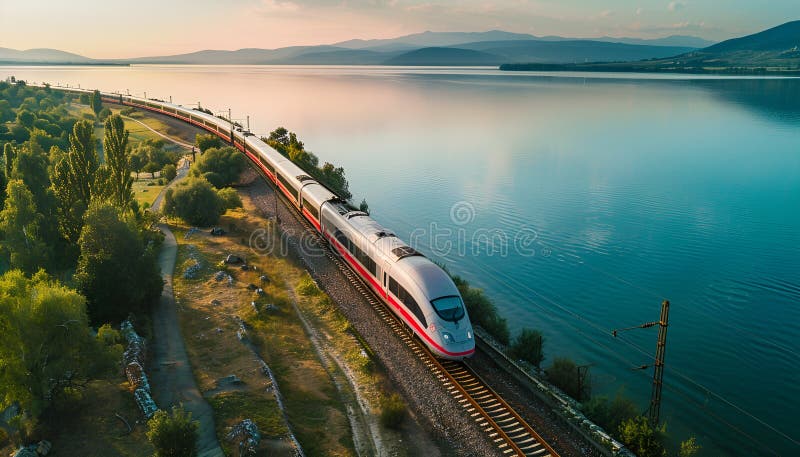 High Speed Train Passes by a Lake. Aerial High View Stock Illustration ...
