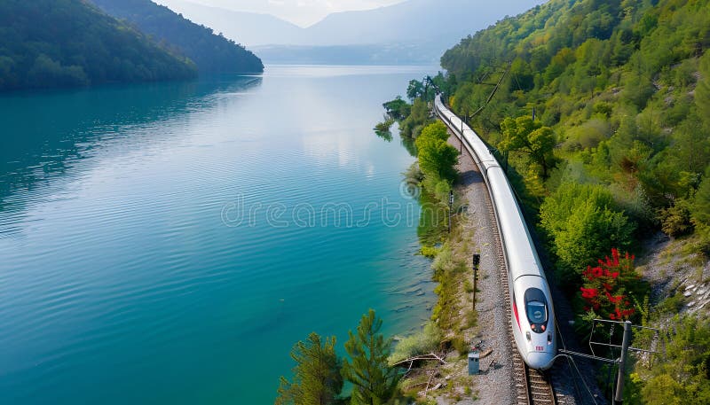 High Speed Train Passes by a Lake. Aerial High View Stock Illustration ...