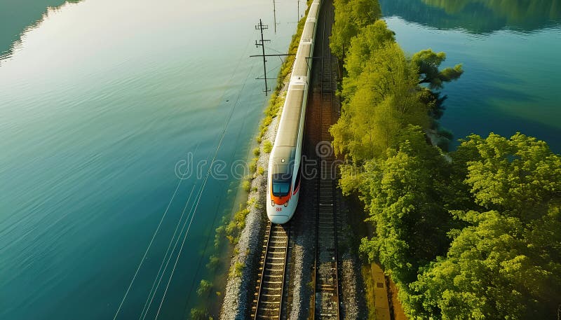 High Speed Train Passes by a Lake. Aerial High View Stock Illustration ...