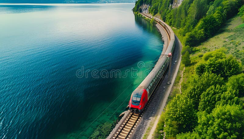 High Speed Train Passes by a Lake. Aerial High View Stock Illustration ...