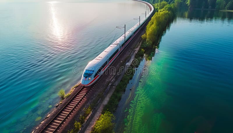 High Speed Train Passes by a Lake. Aerial High View Stock Illustration ...