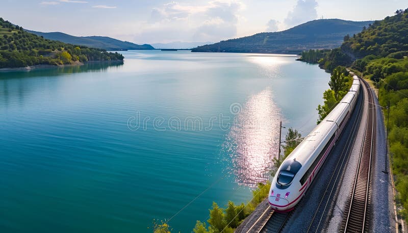 High Speed Train Passes by a Lake. Aerial High View Stock Illustration ...