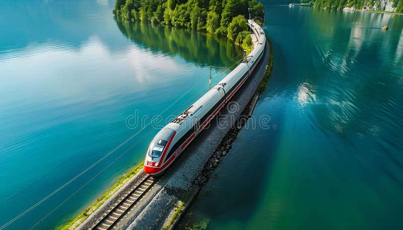 High Speed Train Passes by a Lake. Aerial High View Stock Illustration ...