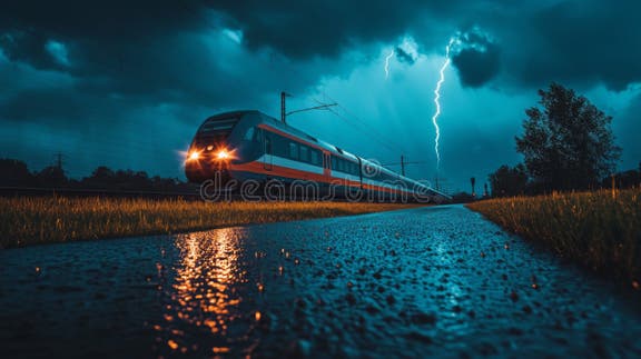 A High-Speed Train Passes through a Stormy Night Stock Illustration ...