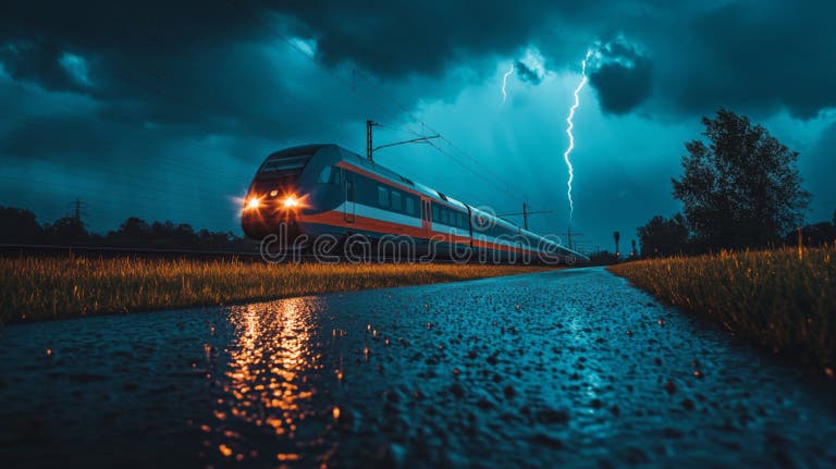 A High-Speed Train Passes through a Stormy Night Stock Illustration ...