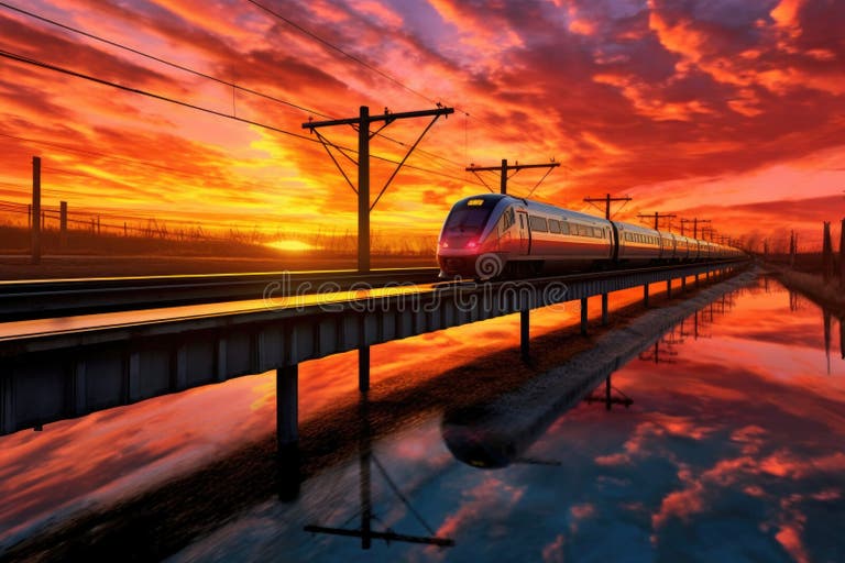 High-speed Train Passing Over a Bridge at Sunset Stock Illustration ...