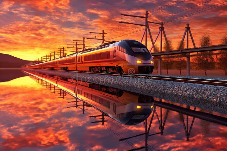 High-speed Train Passing Over a Bridge at Sunset Stock Illustration ...