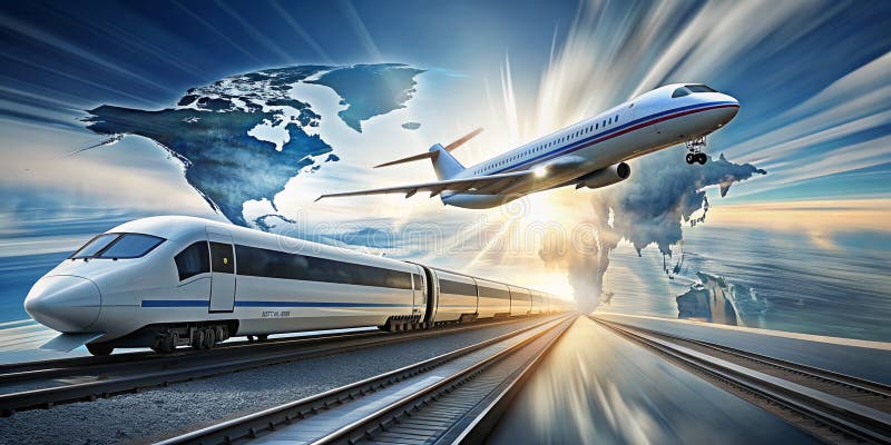 High Speed Train and Plane in Motion on the Background of the World Map ...
