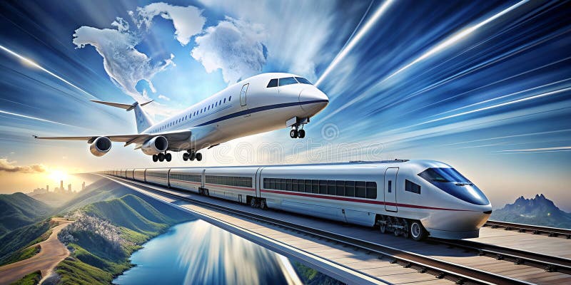 High Speed Train and Plane in Motion on the Background of the World Map ...