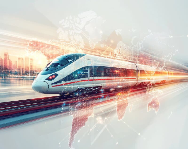 High Speed Train and Plane in Motion on the Background of the World Map ...