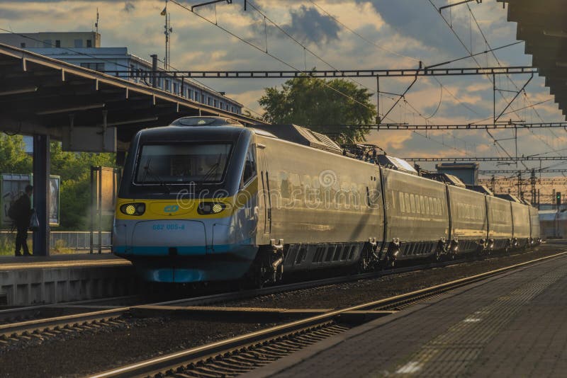 High Speed Train in Praha Liben Station in Spring Sunny Evening ...