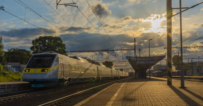 High Speed Train in Praha Liben Station in Spring Sunny Evening ...